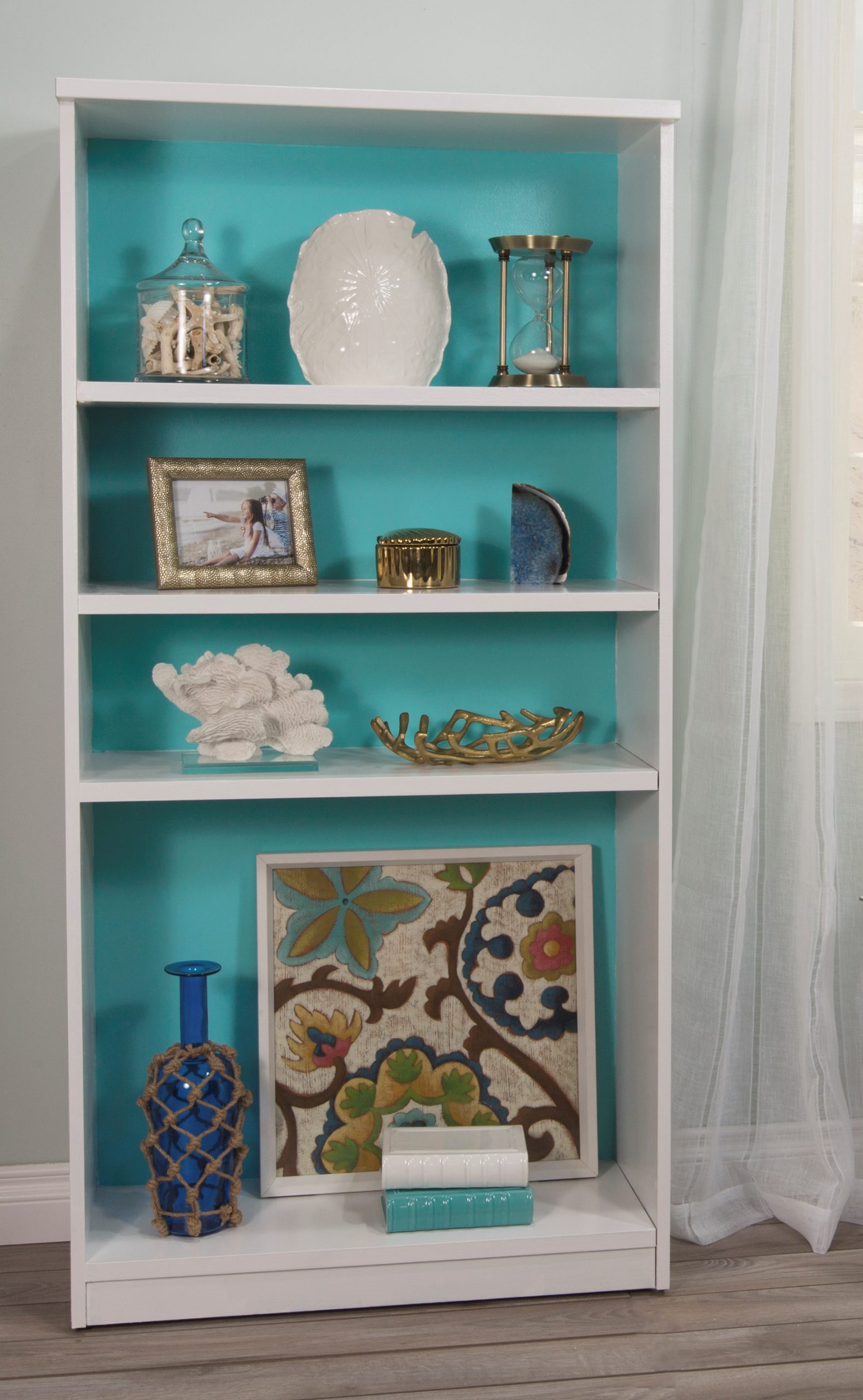Finished coastal bookshelf makeover - Colorfully BEHR